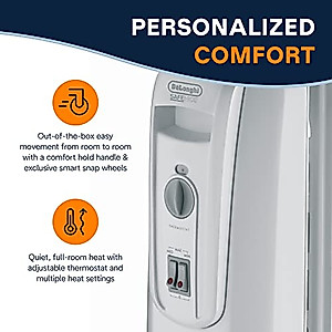 DeLonghi Oil Filled Radiant Heater, 1500W Electric Space Heater - Quiet and Portable with Anti-Freeze Function and Safety Features, TRH0715
