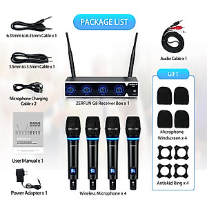 ZERFUN 4 Channel Rechargeable Wireless Microphone System, Pro UHF Metal Handheld Wireless Microphones Cordless Mics for Karaoke Singing Church with VOL Control, 4x50 Adjustable Frequency(G8)