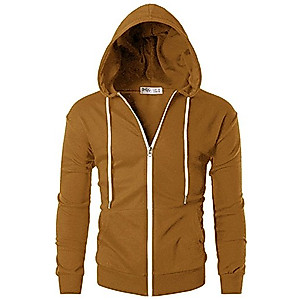 Ohoo Mens Slim Fit Lightweight Zip Up Hoodie with Pockets Long Sleeve Full-Zip Hooded Sweatshirt/DCF002-CAMEL-M