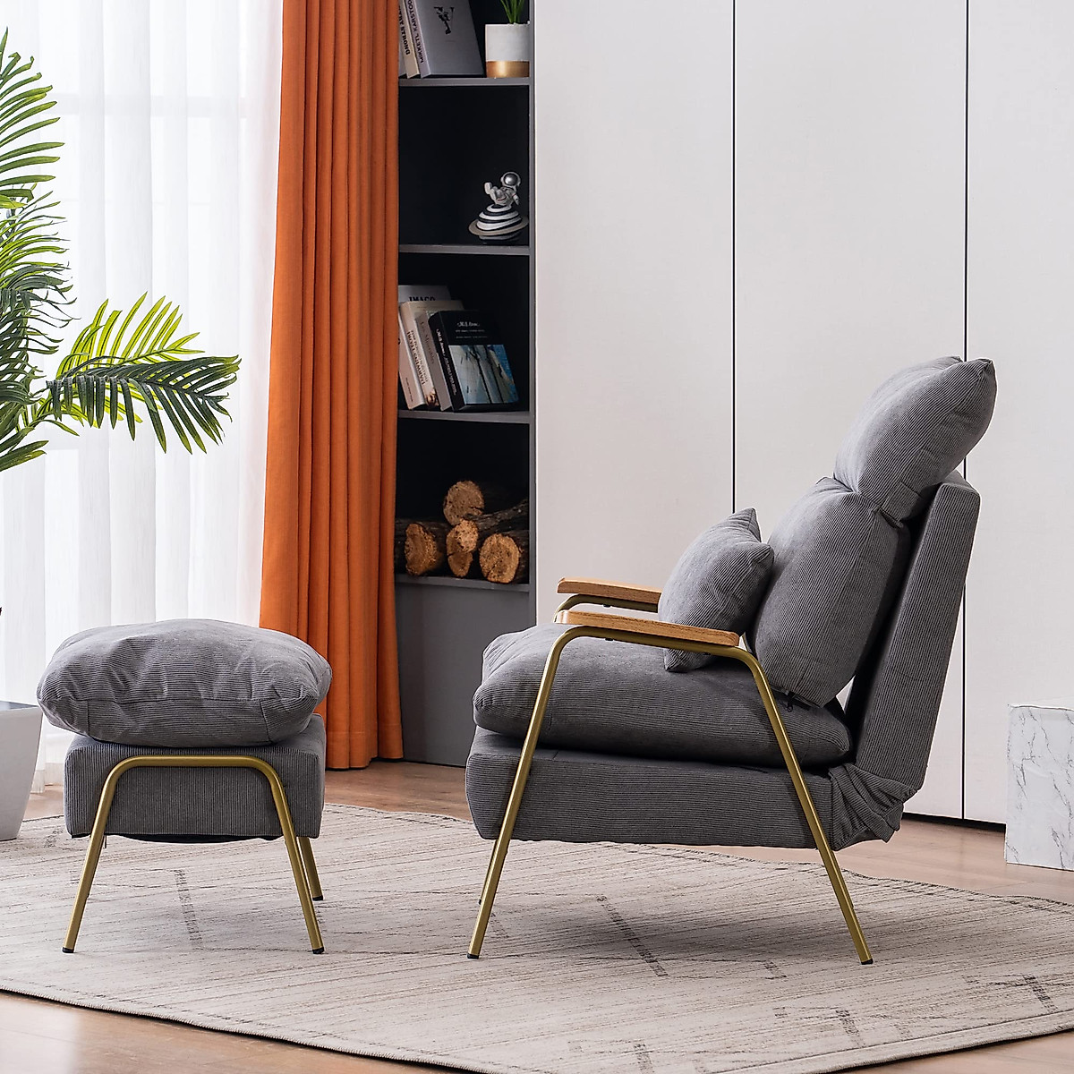 MCombo Accent Recliner with Ottoman, Fabric Arm Club Chair with Metal Legs, Adjustable Backrest and Pillow, Single Sofa Chair for Living Room Bedroom 4058 (Dark Grey, Golden Frame)