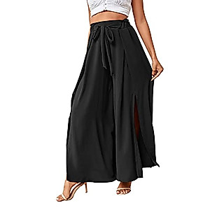 LYANER Women's Tie Front High Waist Side Split Slit Flowy Wide Leg Pleated Pant with Belt Solid Black XX-Large