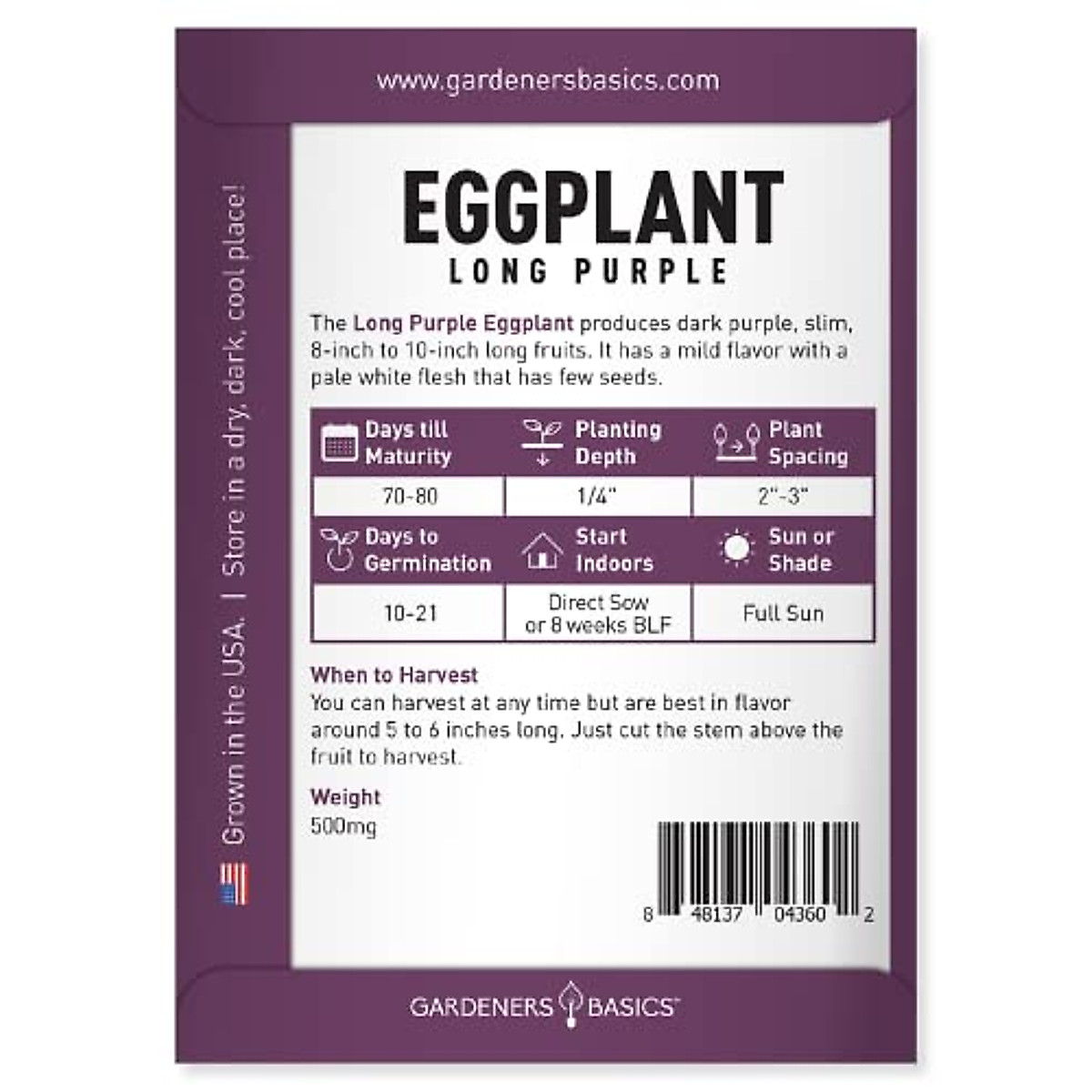 Eggplant Seeds for Planting - (Long Purple) is A Great Heirloom, Non-GMO Vegetable Variety- 500 mg Seeds Great for Outdoor Spring, Winter and Fall Gardening by Gardeners Basics
