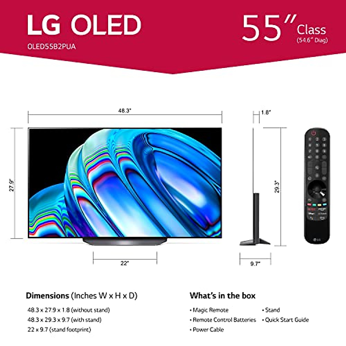 LG 55-Inch Class OLED B2 Series Alexa Built-in 4K Smart TV, 120Hz Refresh Rate, AI-Powered 4K, Dolby Vision IQ and Dolby Atmos, WiSA Ready, Cloud Gaming (OLED55B2PUA, 2022) (Renewed)