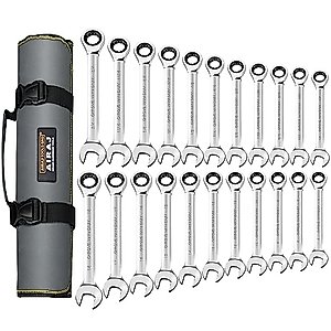 AIRAJ 22 Pcs Ratcheting Wrench Set, SAE 1/4-3/4 Inch & 6-18 Mm, Standard Combination Ratchet Wrenches Set for Car Repair and Household Equipment Repair, Chrome Vanadium Steel, Portable Handbag…