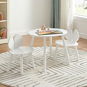 VECELO Kids Table and Chairs Set, Oval Tabletop and 2 Rabbit Chairs for Toddler Playing, Activity, White