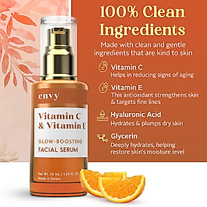 Vitamin C Serum With Vitamin E & Glycerin - Dermatologist Tested Korean Skin Care for Dark Spots & Skin Brightening - Anti Aging & Acne Facial Serum - Cruelty-Free - All Skin Types - 1.69Fl oz by Envy