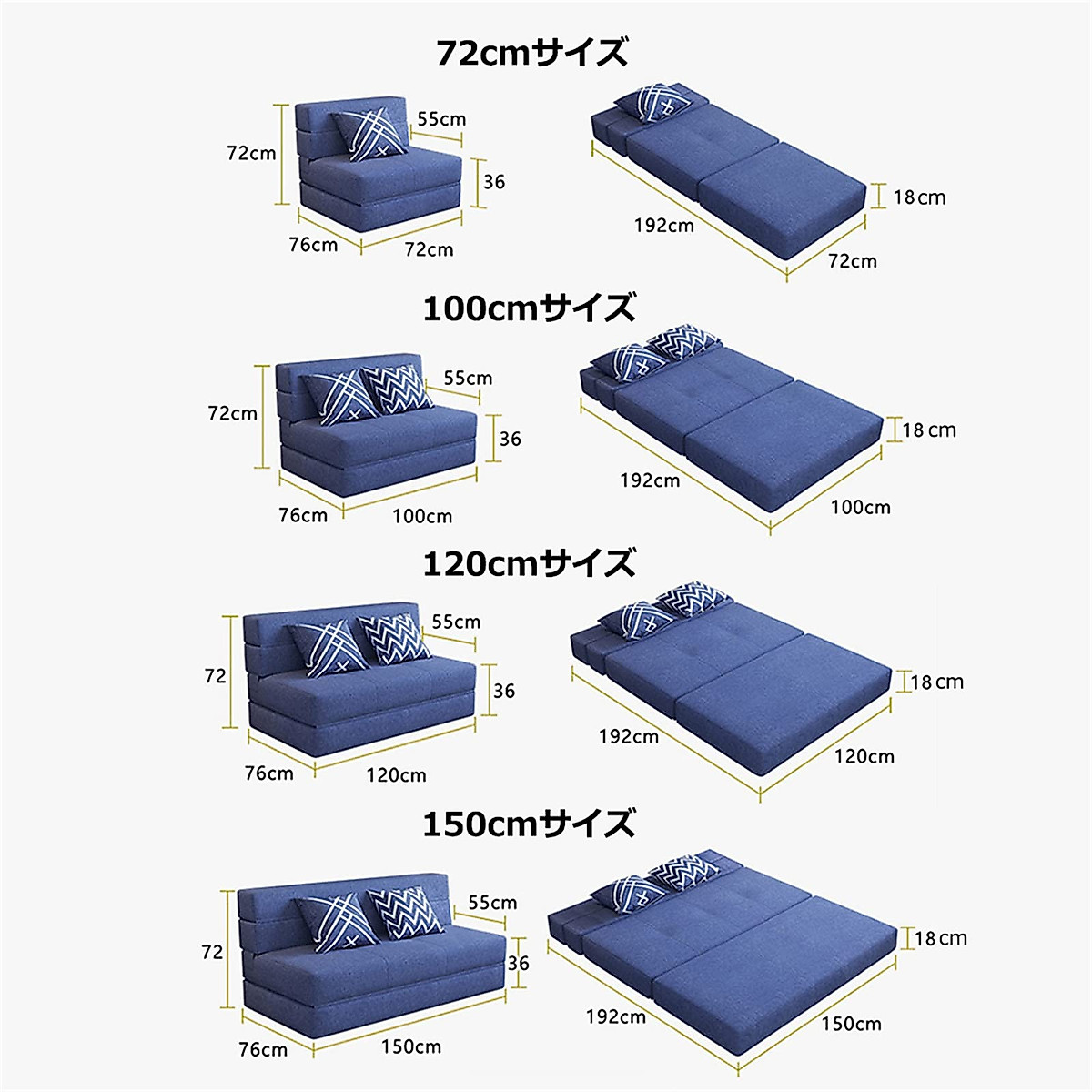 UsmAsk Floor Sofa Sofa Bed Single Seat Chair 2 Seats Folding Reclining High Back Cushioned Seat Chair Low Sofa Sofa Mattress Sofa Bed,Light Grey,120×76×72cm (Blue 150×76×72cm)