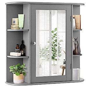 LOKO Bathroom Medicine Cabinet with Mirror, Wall Mounted Storage Cabinet with Mirrored Door, Open Shelves & Adjustable Shelves, Bathroom Wall Mirror Cabinet, 26 x 6.5 x 25 Inches (Grey)