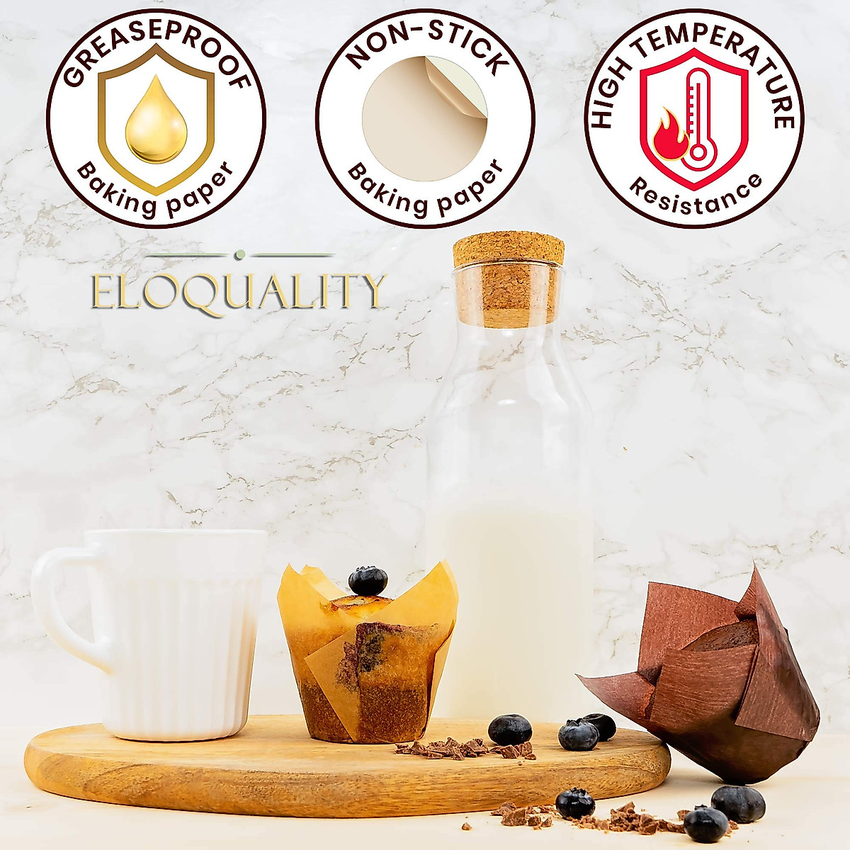 Baking Cups Cupcake Wrappers Set - 250 Pcs Brown Greaseproof Tulip Paper Cake Tin Liners and Natural Color Tulip Baking Parchment Papers for Muffins Cupcakes Mini Snacks Wedding Birthday Party