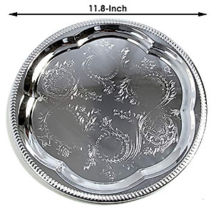Maro Megastore (Pack of 4) 11.8-Inch Elegant Round Floral Pattern Engraved Catering Chrome Plated Serving Plate Mirror Tray Platter Tableware Decor Holiday Wedding Birthday Party (Small) T226s-4pk