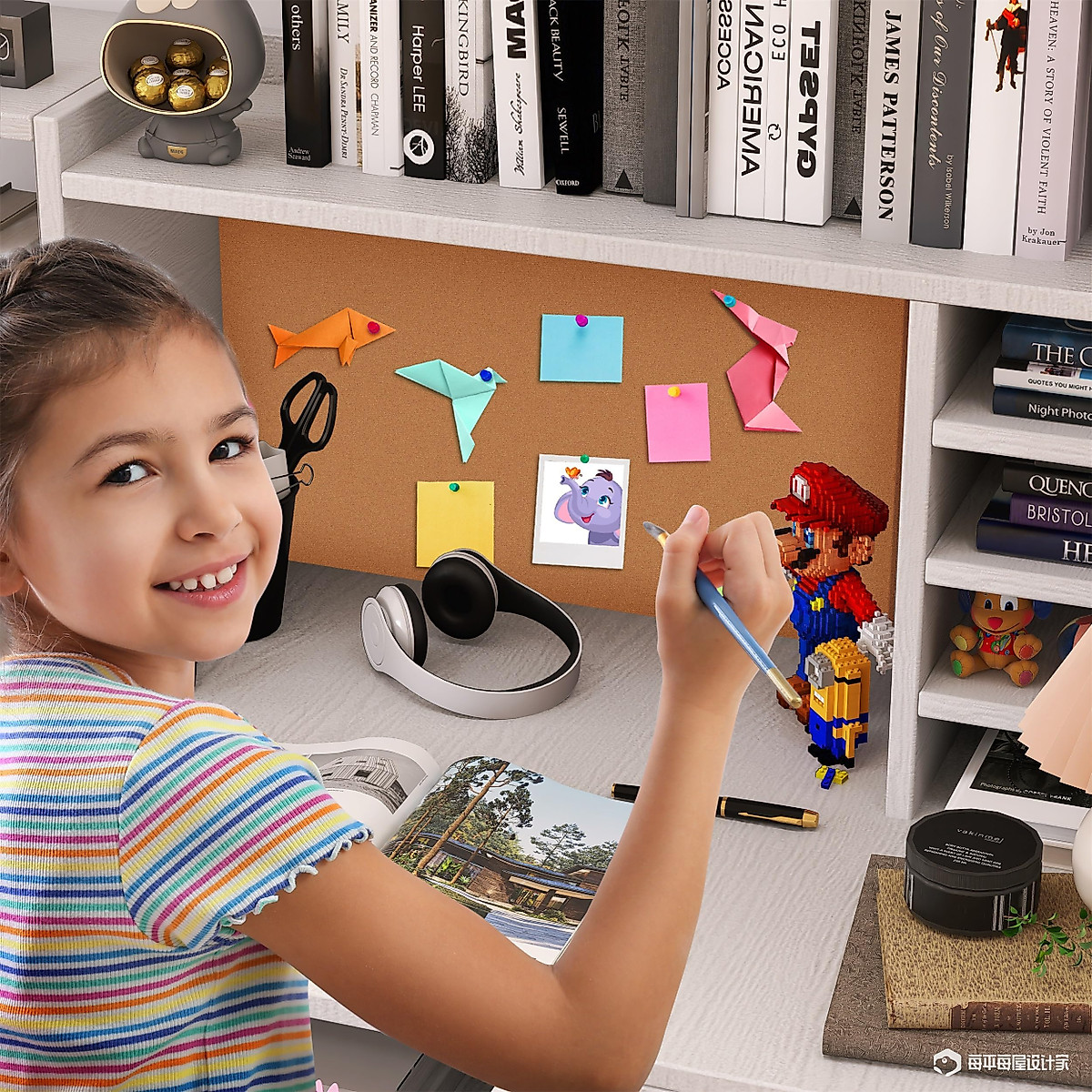 OZMSHF 43 * 20 Inch Kids Desk and Chair Set, Wooden Children School Study Table with Hutch and Storage Cabinet for 3-8 Years Kids, Student's Study Workstation with Bulletin Board, White