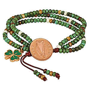 American Coin Treasures Irish Penny Multi Strand Bracelet | Leather and Czech Glass Beads | Genuine Coin | One Size Adjustable |Women's Fashion Jewelry