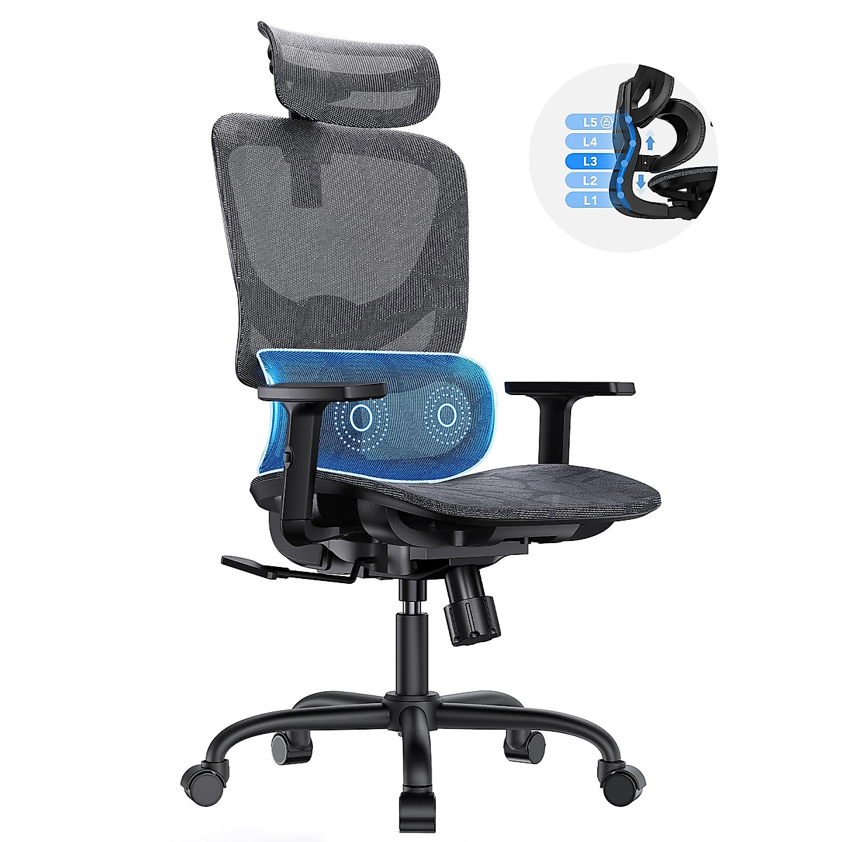 HUANUO Ergonomic Mesh Office Chair, High Back Desk Chair with 5-Level Lumbar Support, Adjustable Headrest, Armrests, Rocking Tilt, Computer Mesh Chair for Home Office Gaming