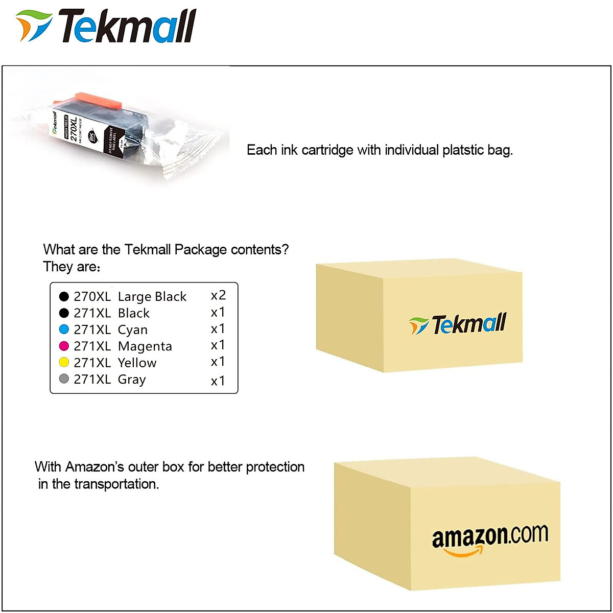 TekMall Compatible Ink Cartridges PGI-270XL CLI-271XL Ink 271 Ink 270 271XL 270XL Used for PIXMA MG7720 TS9020 TS8020 MG6821 TS9000 MG7700 MG6820 Printers 7 Pack (2*PGBK, BK, C, M, Y, GY)