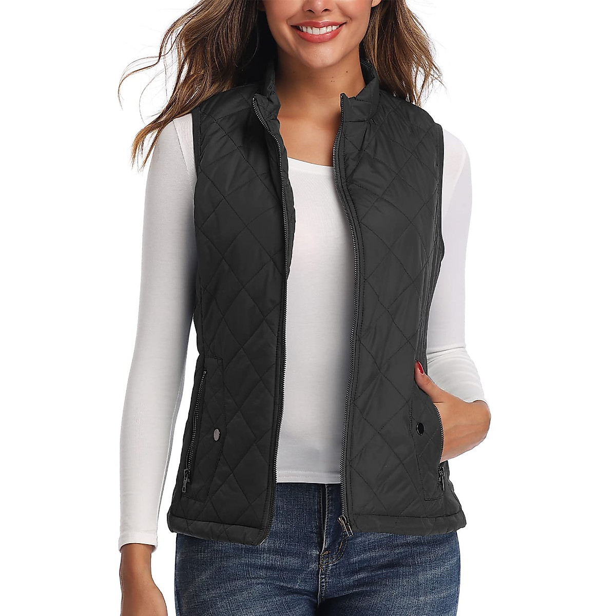 LONGKING Black Women's Vest, Stand Collar Lightweight Zip Quilted Vest for Women L