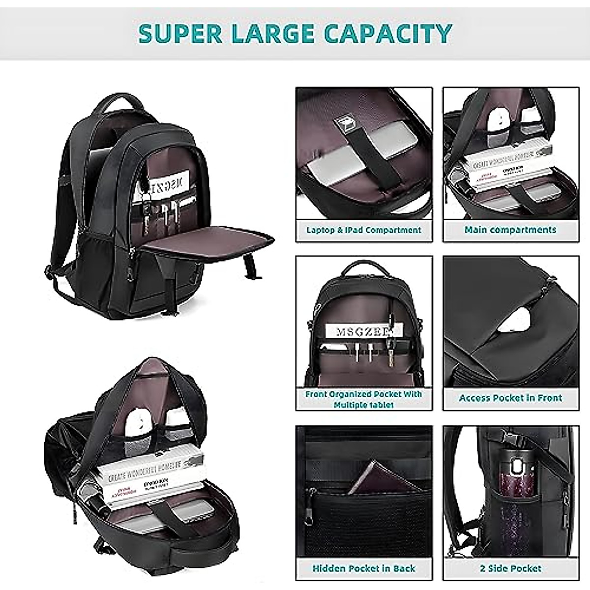 Laptop Backpack for Business Travel and College Study with Integrated USB Charging Port, Fits Laptops up to 15.6 Inch, Black, Anti-Theft, Great for Hiking, Waterproof, Scratch Resistant, Reinforced