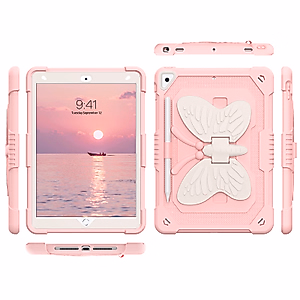 DUEDUE for iPad 10.2 9th/8th/7th Generation Case 2021/2020/2019, Butterfly Wings Kickstand with Pencil Holder Heavy Duty Rugged Shockproof Case for New Apple iPad Air 3 10.5, Beige/Pink