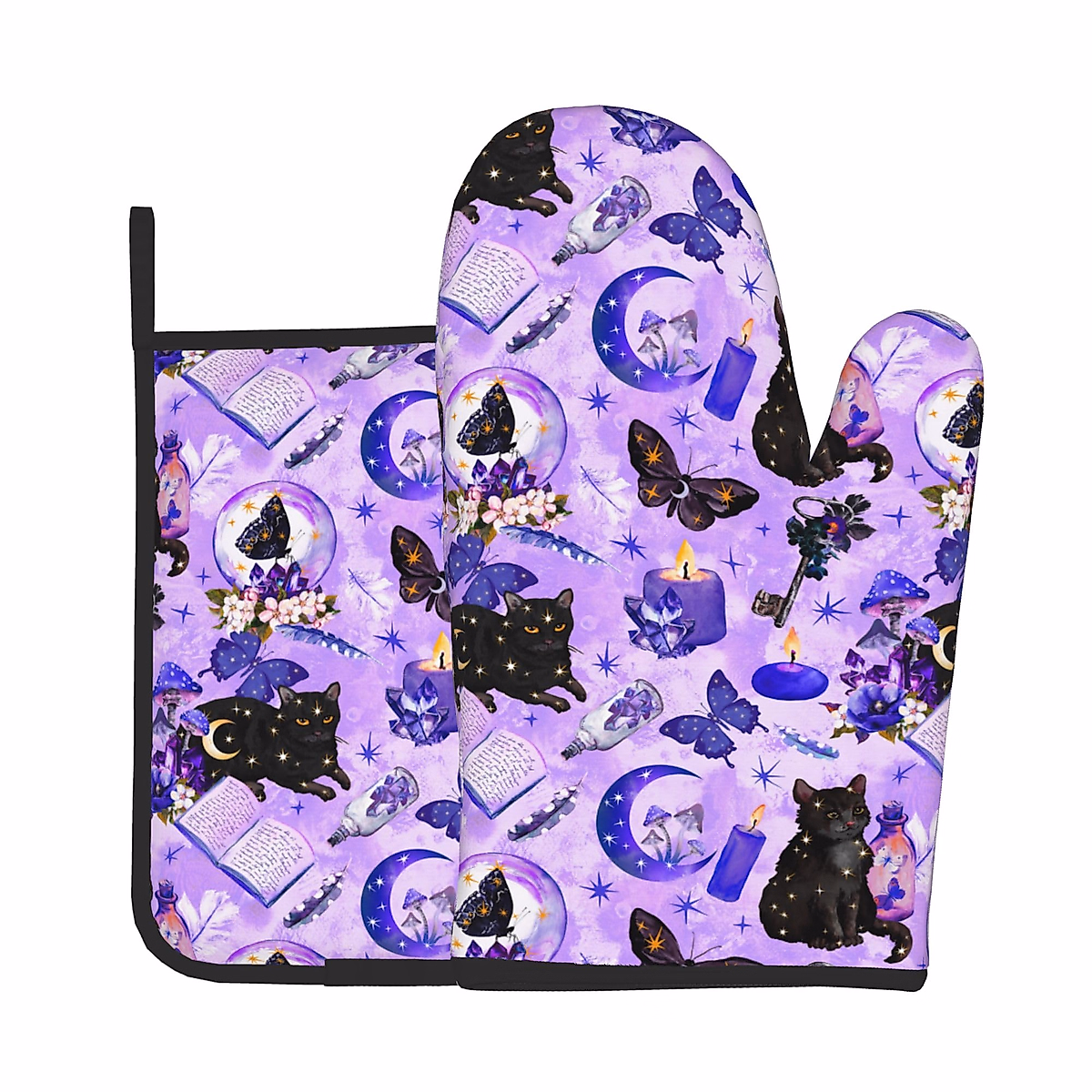 Flexible Witchy Witch Goth Black cat Mushroom Oven Mitts and Pot Holders High Heat Resistant Oven Mitts and Pot Holders Non-Slip BBQ Gloves