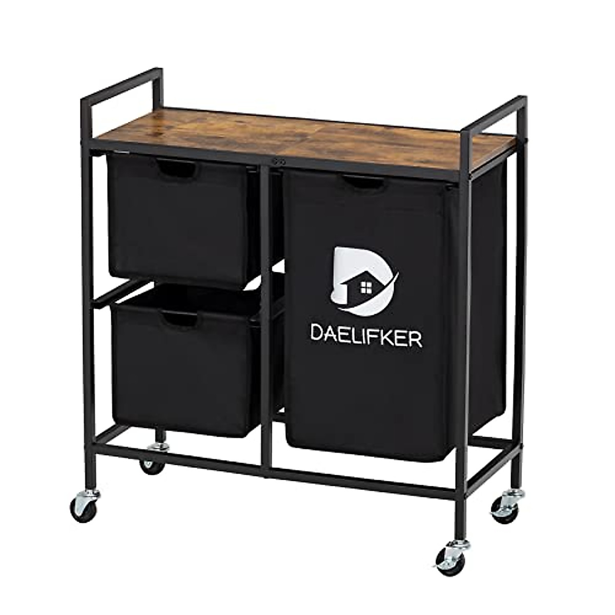 DAELIFKER Laundry Basket, Laundry Hamper 3 Section with Wheels, One Shelf, Metal Frame and Removable Laundry Sorter Bags, Clothes Hampers for Laundry Room (Black, 85 L)