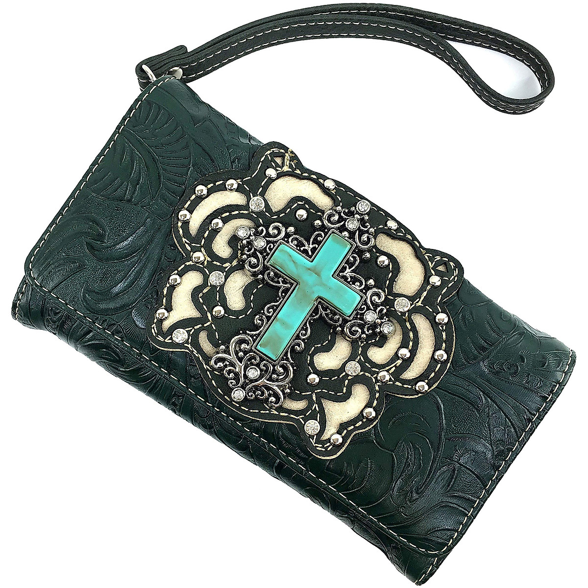 Zelris Western Turquoise Stone Cross Women Crossbody Wrist Handle Trifold Wallet (Olive)