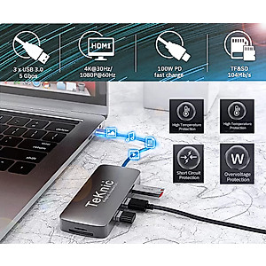USB c Hub Multiport Adapter TeKnic 10in1 Adapter Female USB 3.0 Ports Ethernet Jack 4K HDMI VGA USB 3.0 Ports SD/TF Card Reader PD