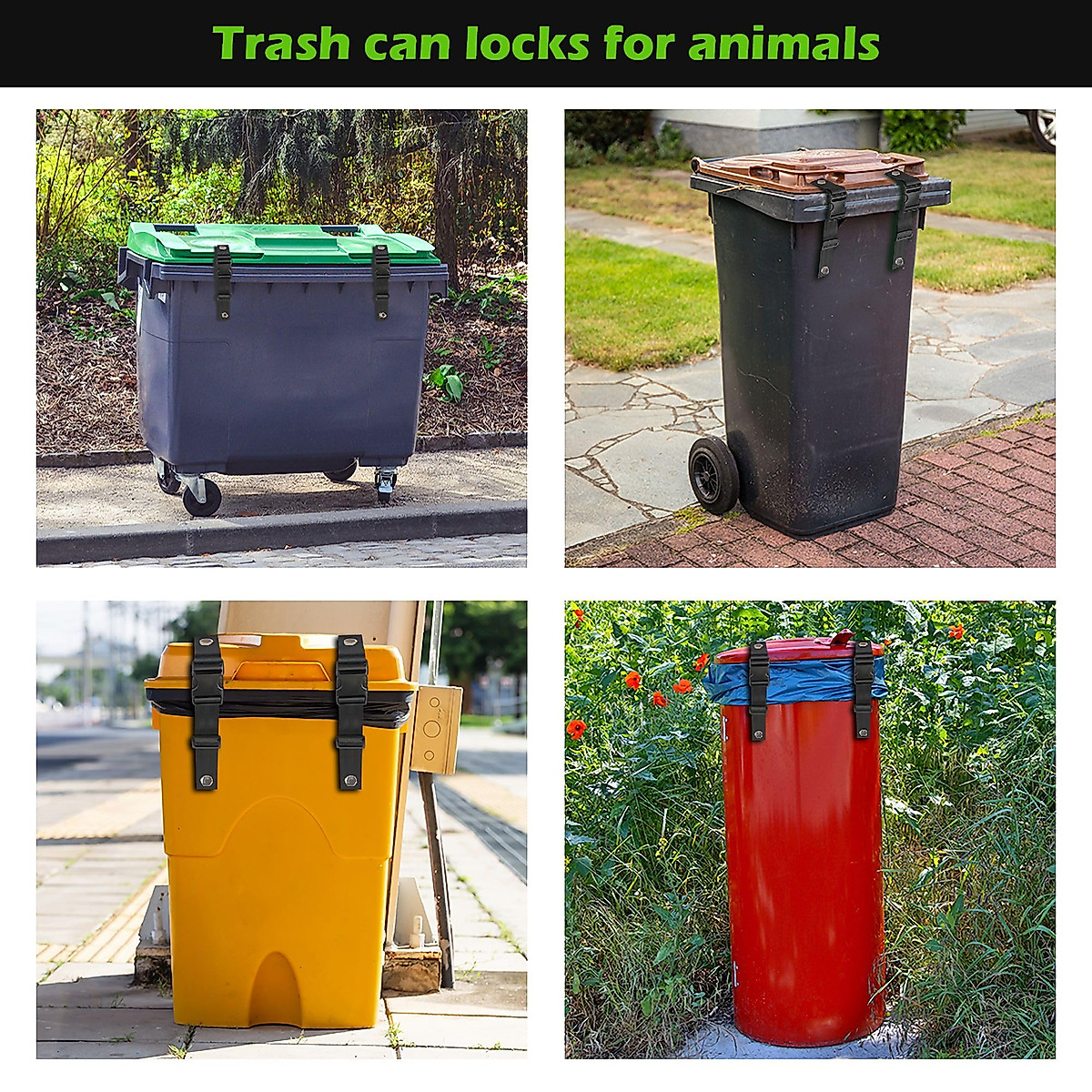 Wuno Shop Trash Can Lid Lock, Bear Proof Trash Can Locks for Animals, Adjustable Trash Can Straps for Raccoon, Garbage Can Lid Locks Outdoor, Trash Bin Buckle Lock - 4 Pack