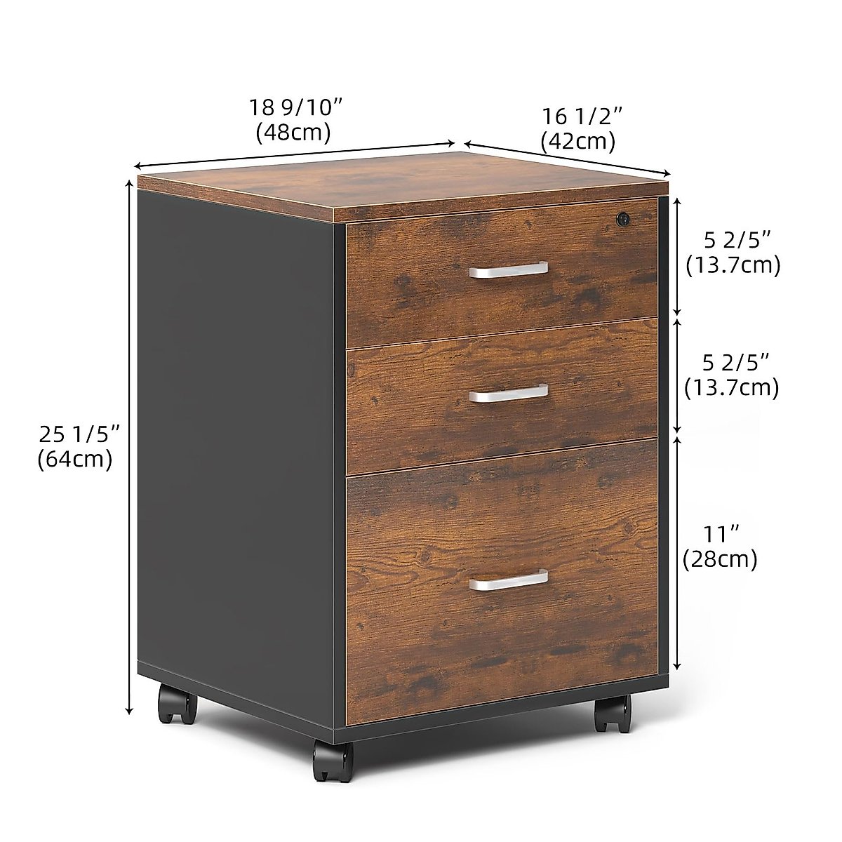 Need 3 Drawer Wood Mobile File Cabinet with Lock,Rolling Filing Cabinet for Letter/A4 Size for Home Office,Rustic Brown 10CZSSFC04FG-ND