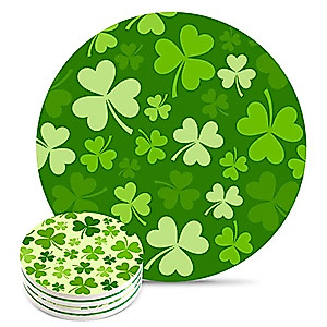 Happy St Patrick's Day Coasters for Drinks 4 Pieces Set Shamrocks Clover Bar Cup Coaster Round Cork Coasters Thick Cork Drink Bar Coasters for Table Kitchen Dining Home Decor, 3.94 Inches