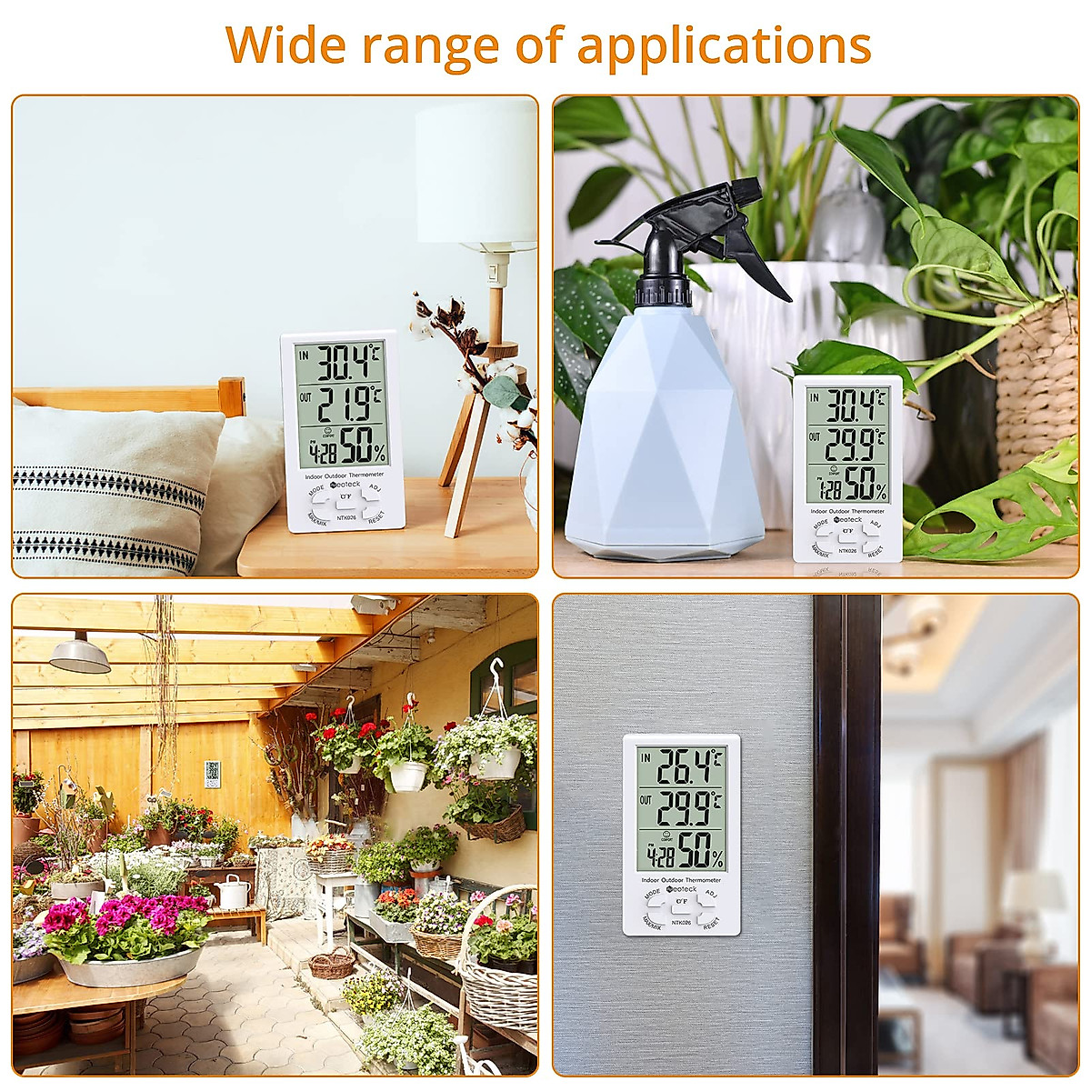 Neoteck 3 in 1 Thermometer Hygrometer with Clock Large LCD Display, Digital Humidity Temperature Meter 1.5m Sensor Wire for Indoor Outdoor Use