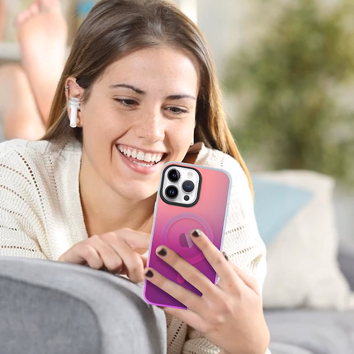 AIGOMARA Iridescent Case for iPhone 14 Pro Max Case [Compatible with Magsafe] [Fluorescent Iridescent] [1 Screen Protector] Shockproof Translucent Matte Protective Case 6.7 Inch 2022, Pink Purple