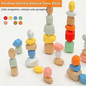 DORLETEM 36PCS Wooden Balancing Stacking Rocks Stones, Building Blocks Set, Montessori Educational Preschool Learning Sensory Toys Lightweight Sorting Wooden Blocks for Kids