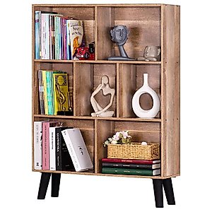 LEYAOYAO 7 Cube Bookshelf 3 Tier Modern Bookcase with Legs,Wood Book Shelves Storage Organizer Shelf,Free Standing Bookcases,Oak Display Bookshelves