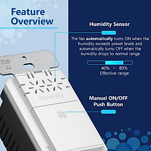 LIDER No Neutral Wire Required Humidity Sensor Switch, Automatic Humidity Detection, Air Circulator, Bathroom Fan Automated Control, Adjustable Timing, 1-Pole, White, Wall Plate Included