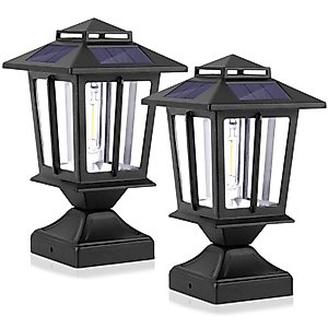 Metal Solar Post Lights Outdoor, Waterproof Fence Post Lights Solar Powered, Wood 4X4 Solar Post Cap Lights, Solar Deck Post Lights Decorations Patio Porch Railing, 2 Pack (5.5x5.5x9.8 inch)