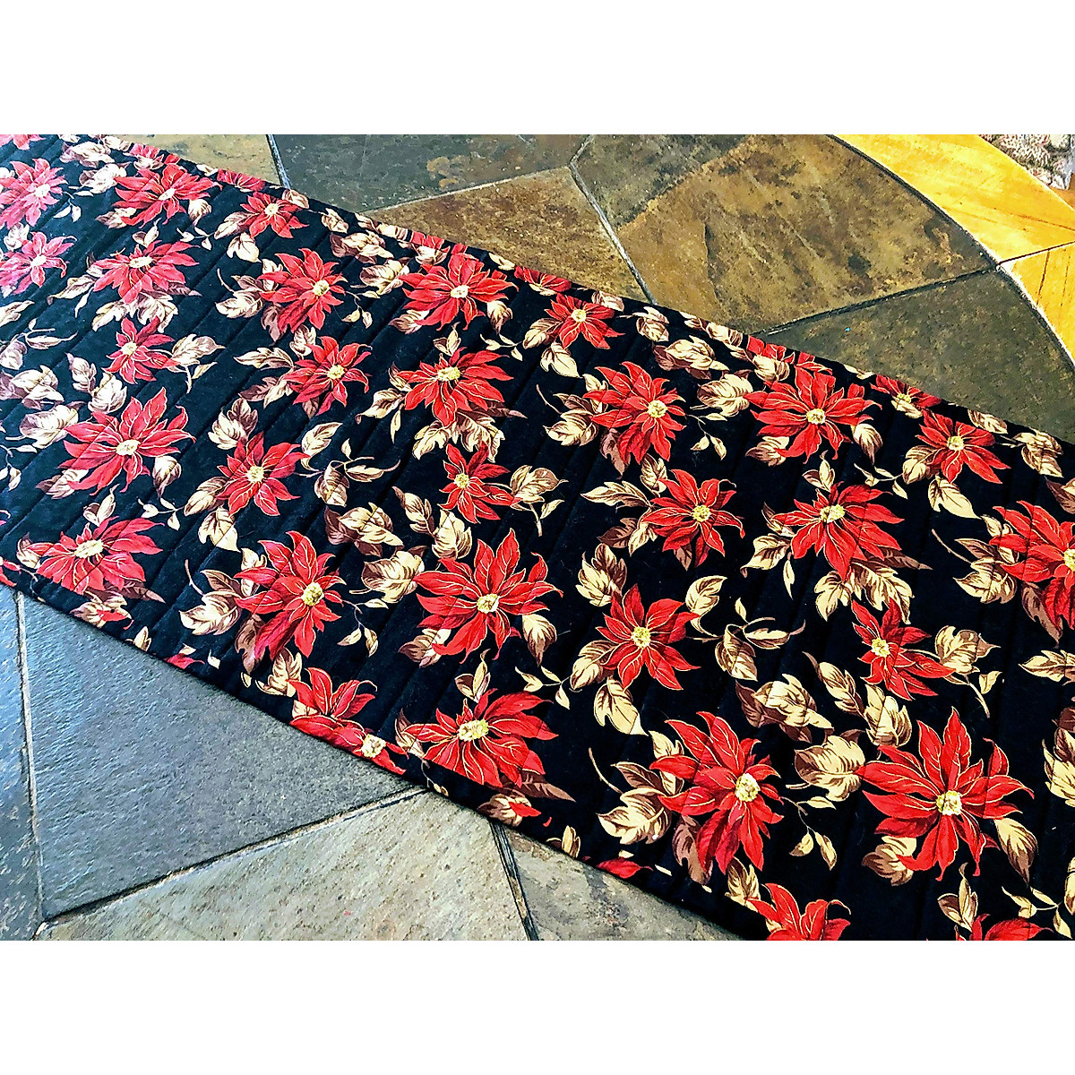 Quilted Holiday Table Runner, Jelly Roll Stripes, Rectangular, Reversible, Poinsettia Fabric, Christmas Decor, 100% Cotton