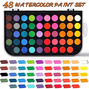 48-Color Watercolor Paint Set With Brush, Refillable Water Brush Pen, Palette, and Water-Washable Paints for Kids, Adults and Artists