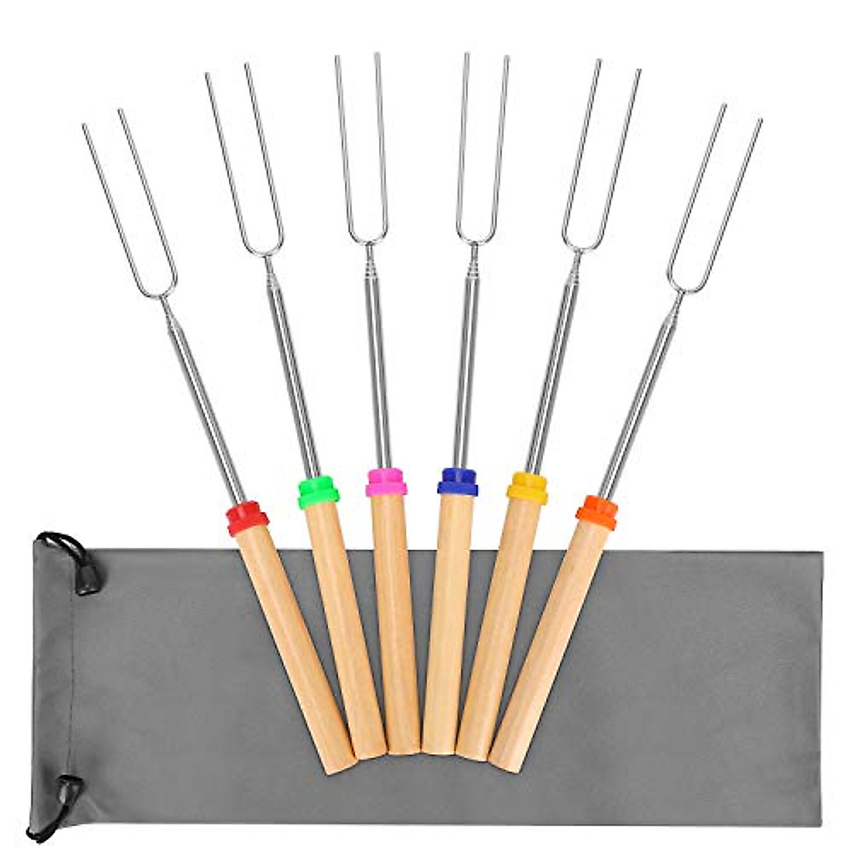 Kelfuoya 6Pcs Marshmallow Roasting Sticks Smore Sticks 32Inch Long Wooden Handle Barbecue Forks Telescoping Hot Dog Forks Smore Skewers for Campfire