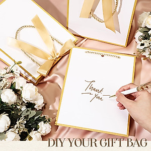 Silkfly 24 Pcs Thank You Gift Bags with Handles Blank Paper Bag Bulk with Bow Ribbon DIY 9 x 7 x 3.15'' Gift Wrapping Bags for Christmas Wedding Baby Shower Birthday Party Gift(White, Gold)