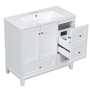 FEELLE 36 Inch Modern Bathroom Vanity with USB Charging, 2 Doors and 3 Drawers Bathroom Storage Vanity Cabinet with Single Sink, White