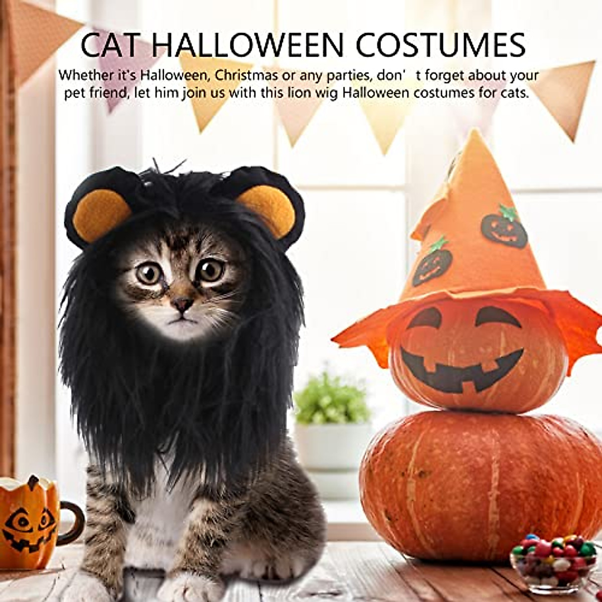 ITESSY Cat Halloween Costumes- Black Lion Mane Wig Pet Costumes Hat for Halloween Christmas Dress Up Accessories Decoration for Kitten Cats, Size S
