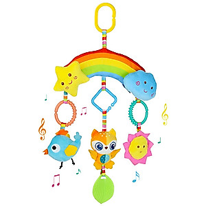 AIPINQI Baby Car Seat Stroller Toys, Hanging Plush Crib Toys Colorful Bell Soft Baby Sensory Rattles with Teether for Babies Boys and Girls 3 6 9 to 12 Months (Rainbow)