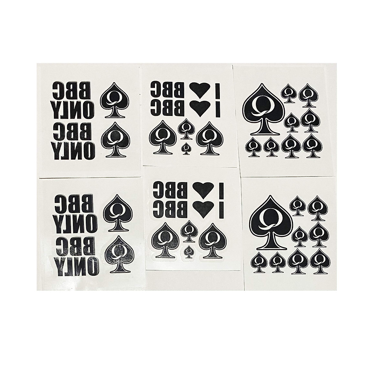 6 Sheet Temporary Tattoo Set QoS, BBC ONLY, I Love BBC 38 Total Tattoos Queen of Spades