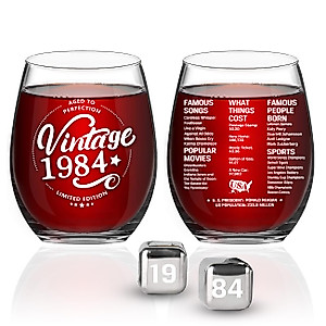Greatingreat 1984 Old Time Information 40th Birthday Gifts for Women Men - 1984 Vintage 15 oz Stemless Wine Glass - 40 Year Old Birthday Party Decorations - Forty Class Reunion Ideas