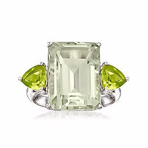 Ross-Simons 11.00 Carat Emerald-Cut Prasiolite and 1.40 ct. t.w. Peridot Ring in Sterling Silver. Size 5
