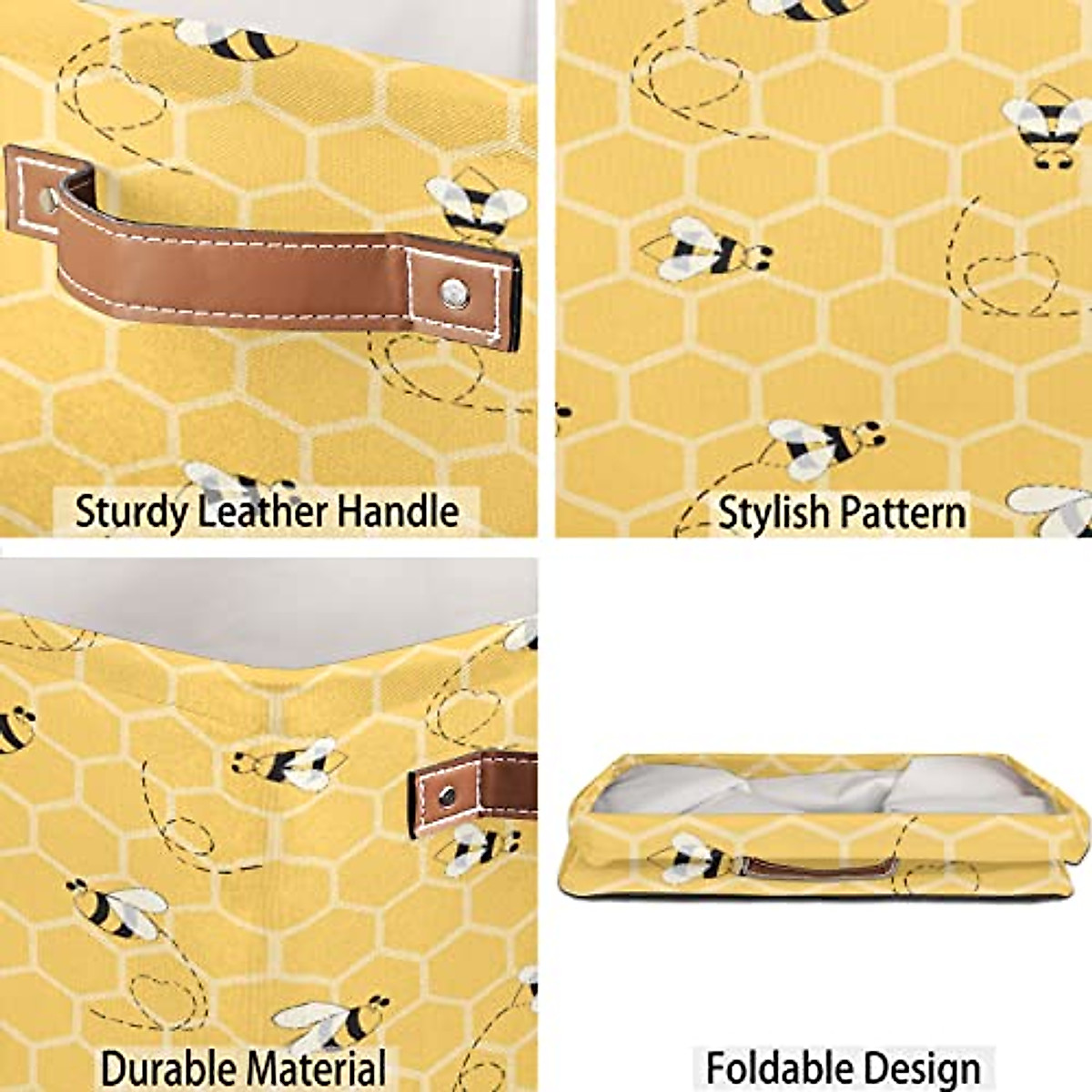 Cute Animal Bees Storage Basket for Closet, Bee Pattern Storage Bins with Handles, Foldable Storage Cube Boxes for Toys Shelves Pantry Nursery Organizing
