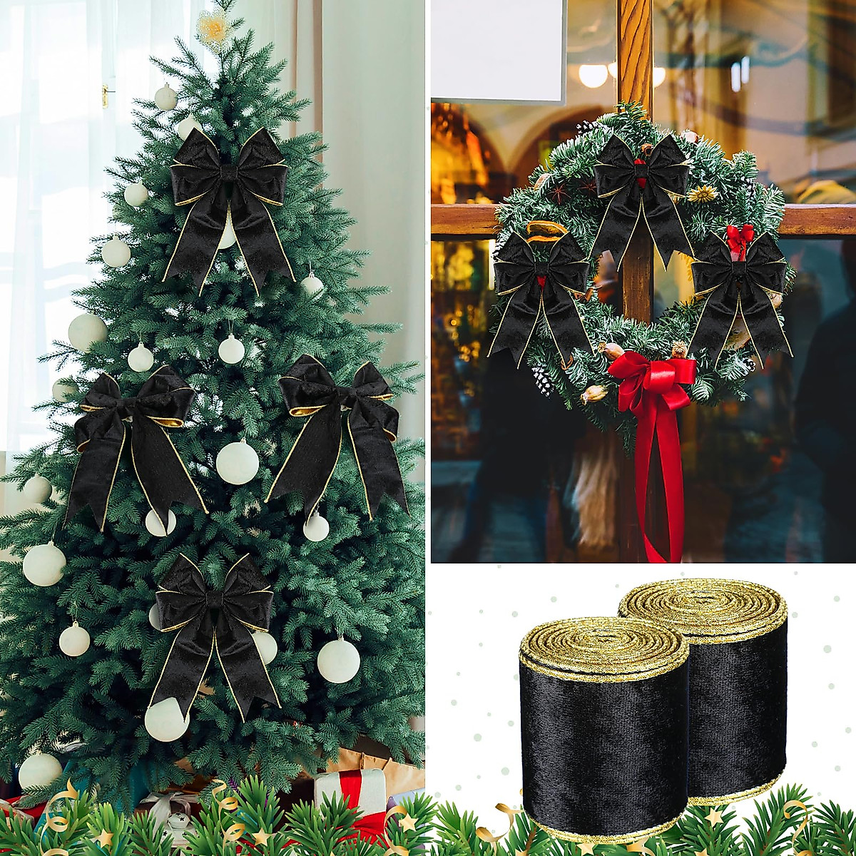 2 Rolls Christmas Velvet Ribbon Velvet Wired Edge Ribbon Trim Wrapping Ribbon Craft Fabric Ribbon for Xmas Bow Making, Floral Arrangement Decoration (Black,2.5 Inch x 6 Yards)