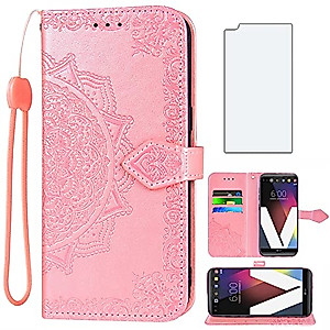 Compatible with LG V20 Wallet Case and Tempered Glass Screen Protector Leather Mandala Flower Flip Cover Credit Card Holder Stand Cell Accessories Phone Cases for LGV20 LG20 V 20 ThinQ Women Rose gold