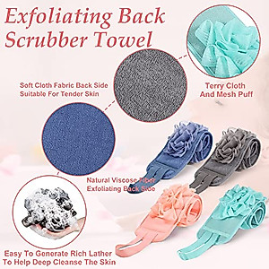 4 Pcs Exfoliating Back Scrubber for Shower Double Sided Exfoliating Cloth with Strap Handle Long Back Scrubber Cloth Body Scrubber Sponge Back Washer Cleaner for Women Men Deep Body Washing, 4 Colors