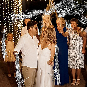 24pcs Lighted Wedding Wands Send off, LED Ribbon Stick with Shiny Foil Tinsel Glitter Hand Light up Streamers for Bridal Baby Shower Birthday Party Celebration (Silver)