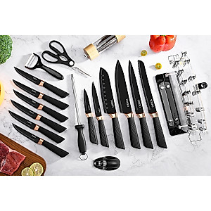 Kitchen Knife Set with Sheath, 6 Piece Stainless Steel Chef Knives Set, Includes 8'' Chef Knife, 8'' Bread Knife, 7'' Santoku Knife, 5''Utility Knife, 8” Carving Knife, and 3.5'' Paring Knife (Black)